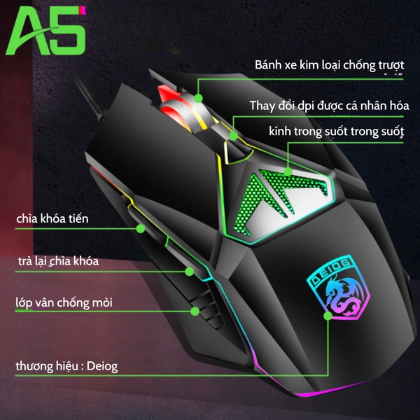 Chuột Gaming Chính Hãng DEIOG A5 Có Dây Cao Cấp Led RGB 7 Chế Độ Thiết Kế Hầm Hố Phù Hợp PC Laptop