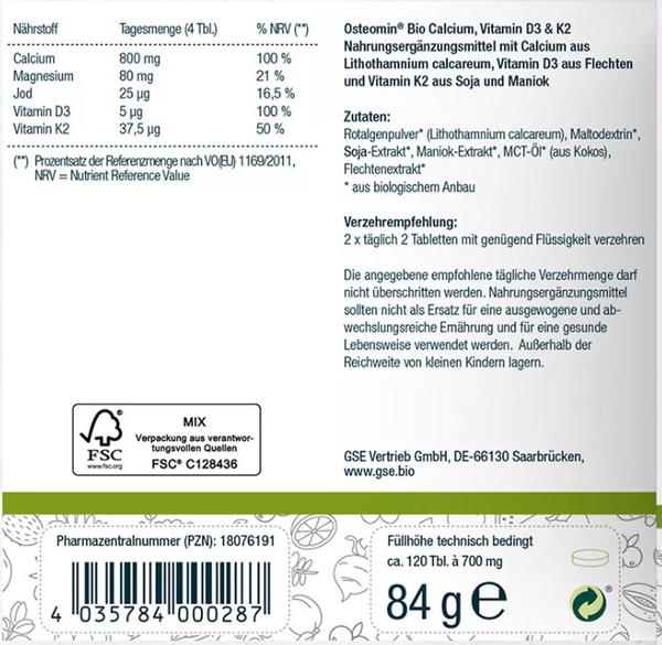 Viên Uống Osteomin Hữu Cơ GSE Bổ Sung Canxi, Magie, Vitamin D3+ K2