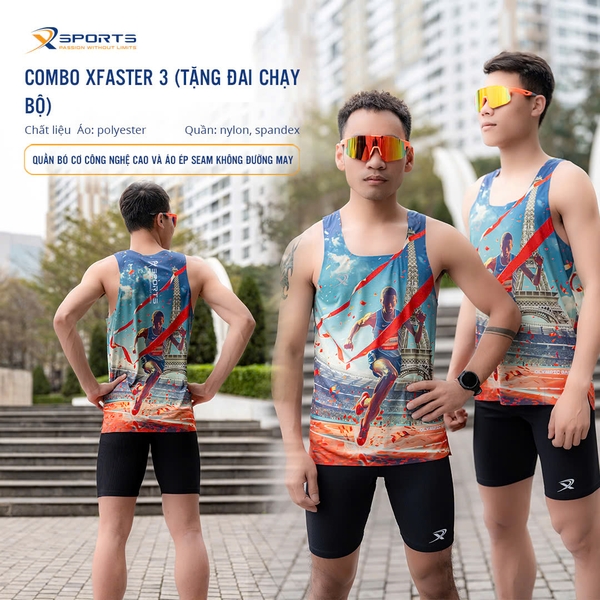 COMBO XFASTER 3: ÁO SINGLET OLYMPIC + QUẦN BÓ CƠ ĐEN (TẶNG ĐAI CHẠY BỘ)