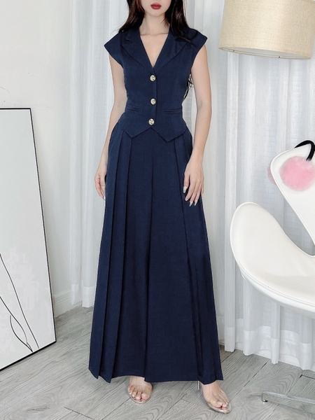Set Gile Cổ Vest Trơn Nữ Kèm Quần Ống Rộng Dáng Dài Xếp Ly Chất Chéo ...