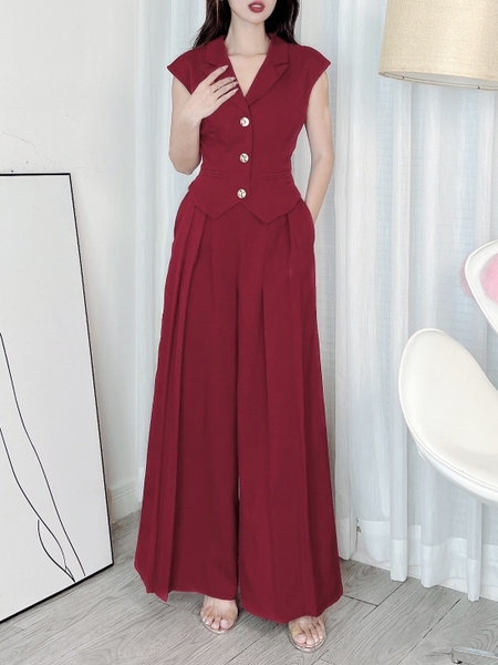 Set Gile Cổ Vest Trơn Nữ Kèm Quần Ống Rộng Dáng Dài Xếp Ly Chất Chéo ...