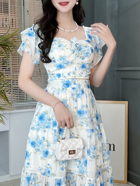 Set Bộ Áo Nhún Vai Bèo Và Chân Váy Xòe 4 Tầng Chất Tơ Cotton In Hoa Đi ...