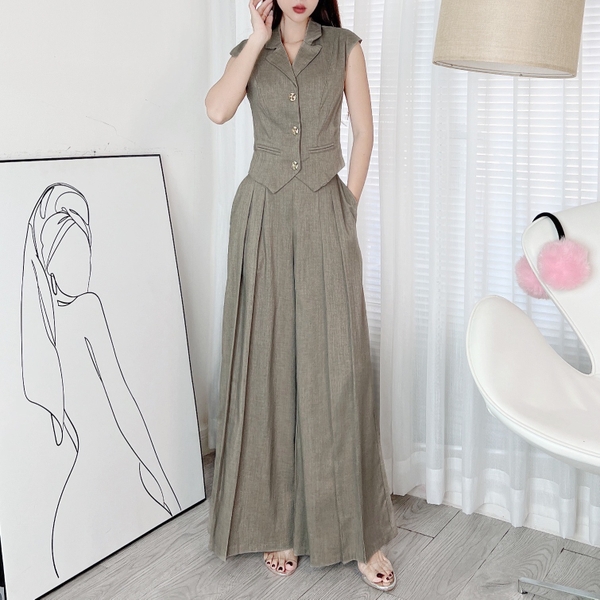 Set Gile Cổ Vest Trơn Nữ Kèm Quần Ống Rộng Dáng Dài Xếp Ly Chất Chéo ...