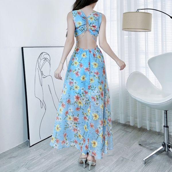 Đầm Maxi Hoa Nữ Xẻ Tà Cổ V Phối Khoen Eo Chất Tơ Ic Đi Biển MIMIX - EC7