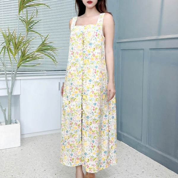 Váy Maxi Nữ 2 Dây Phối Nút Bọc Xẻ Tà Chất Đũi Và Cotton Đi Biển MIMIX - ES6