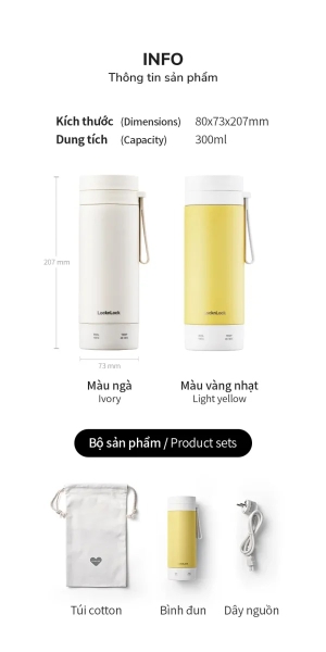EJC723IVY - Bình đun giữ nhiệt Locknlock Heating tumbler 220-240V, 50-60Hz, 300W, 300ml - Màu ngà