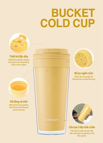 HAP519YEL - Ly nhựa 2 lớp LocknLock Bucket Cold Cup 580ml - Màu vàng