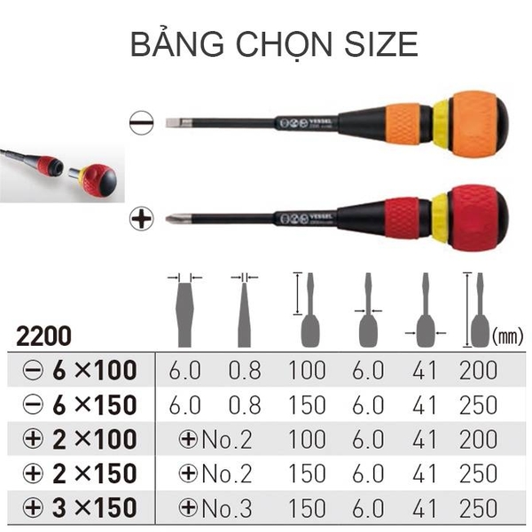 Tô vít 2 cạnh bánh răng cóc đảo chiều tự động VESSEL 2200-6x150