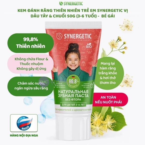 Kem đánh răng thiên nhiên SYNERGETIC vị dây tây & chuối 50G (3-6 tuổi)
