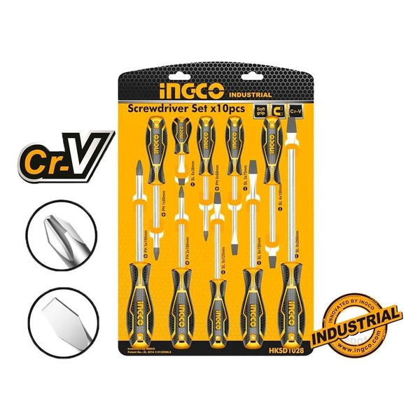 Bộ 10 tua vít INGCO HKSD1028 gồm tua vít bake và tua vít dẹp chất liệu ...