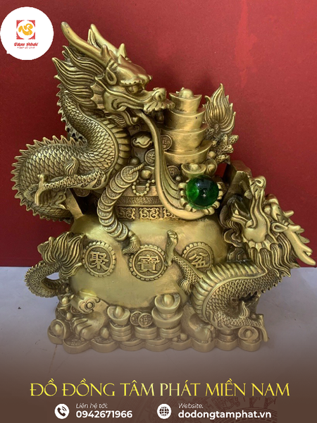 Tượng Rồng Bằng Đồng – Song Long Cuộn Hũ Vàng Phong Thủy May Mắn