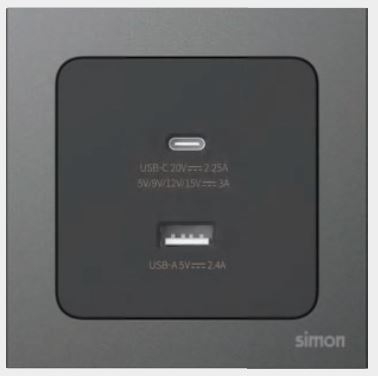 Module Ổ sạc USB(5V 2.4A) + Type C(45W) Type A Simon S20 82E727-26 Màu Đen