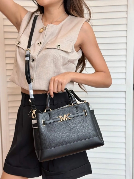 Túi MK Michael Kors MK Reed Small Pebbled Leather Belted Satchel Black
