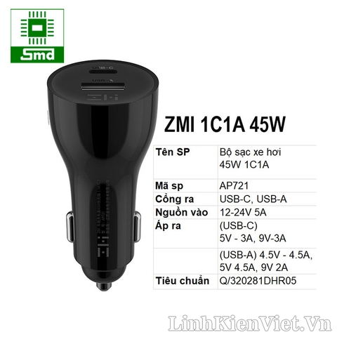 Tẩu Sạc nhanh điện thoại trên ô tô Zmi Xiaomi 45w chuẩn PD Zmi AP721 – Linh kiện điện tử SMD