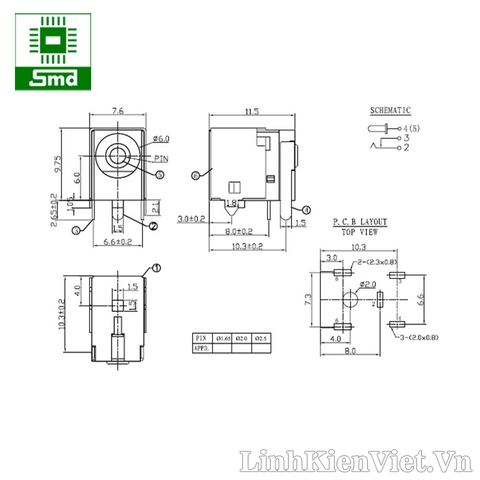 Chân nguồn DC-036 Cái 5.5x2.1mm – Linh kiện điện tử SMD