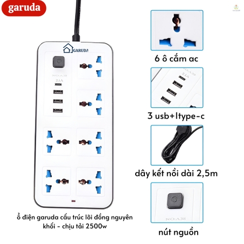 Ổ điện đa năng chính hãng GARUDA 3 cổng USB 15v sạc nhanh, 1 type c, chống cháy, ổ chịu tải ...
