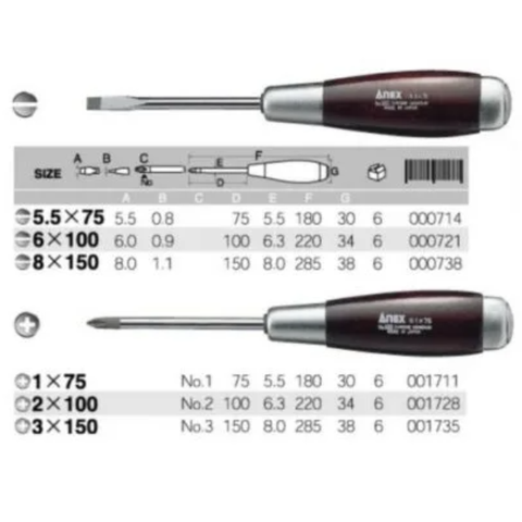 Tua vít đóng 2 cạnh SL8 dài 150mm cán gỗ Anex No.180-8x150