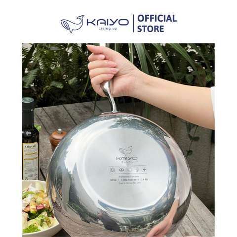 Chảo inox 316 liền khối 5-ply Premium Kaiyo-sâu lòng có vung kính 26cm ...